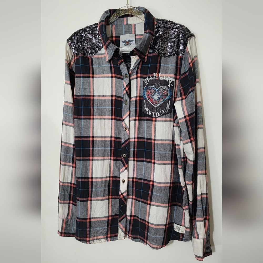 Harley Davidson Genuine Plaid Flannel Shirt Sequins W… - Gem